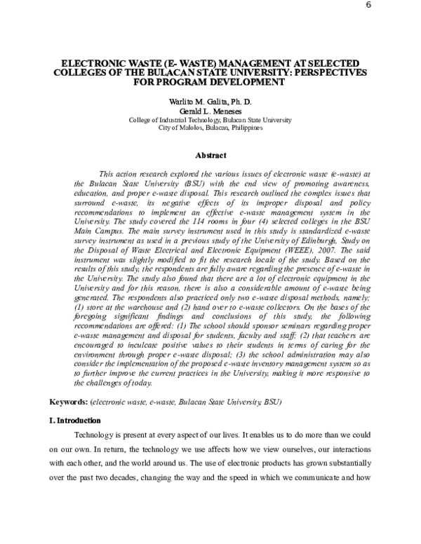 (DOC) ELECTRONIC WASTE (E- WASTE) MANAGEMENT AT SELECTED COLLEGES OF ...