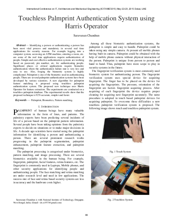 (PDF) Touchless Palmprint Authentication System using Harris Operator