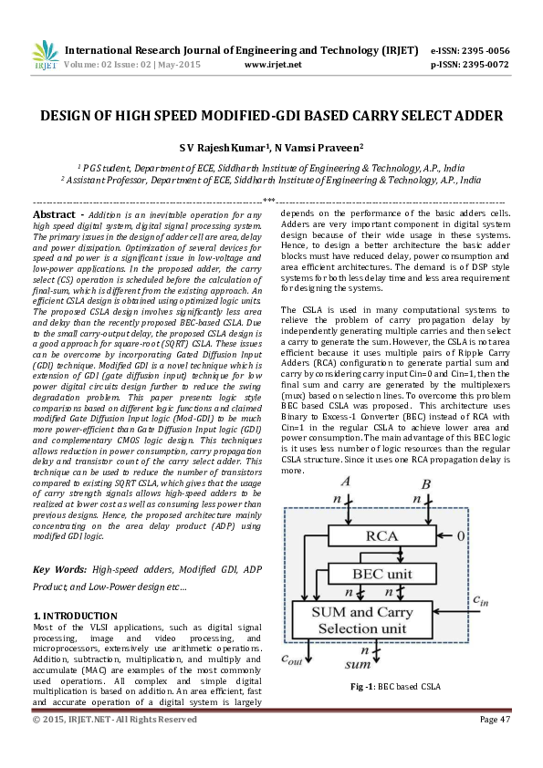 (PDF) IRJET-DESIGN OF HIGH SPEED MODIFIED-GDI BASED CARRY SELECT ADDER