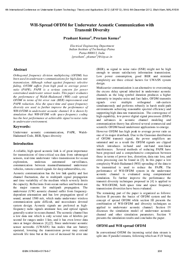 Pdf Wh Spread Ofdm For Underwater Acoustic Communication With Transmit Diversity