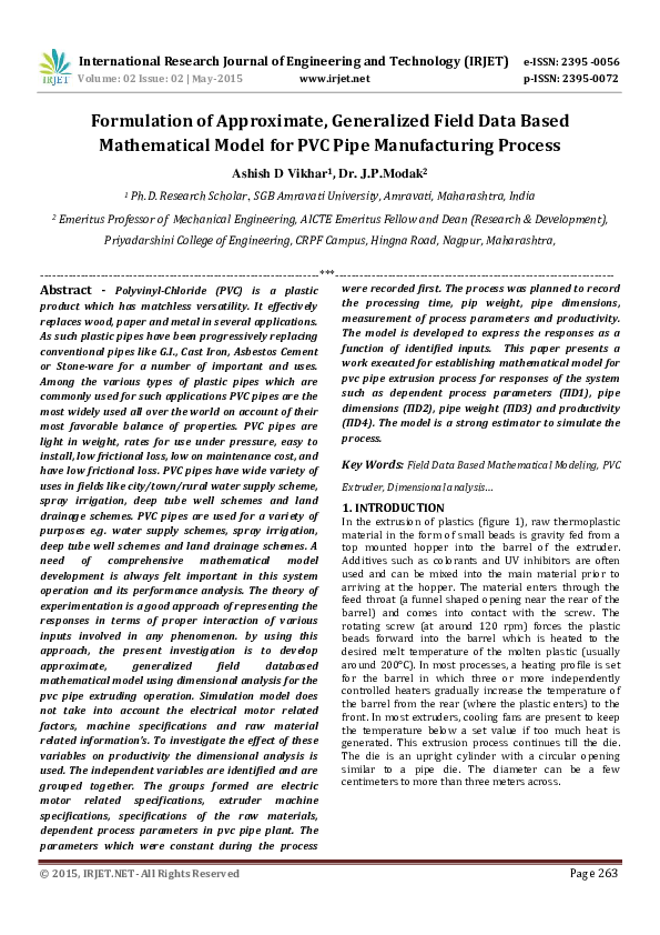 (PDF) IRJET-Formulation of Approximate, Generalized Field Data Based Mathematical Model for PVC ...
