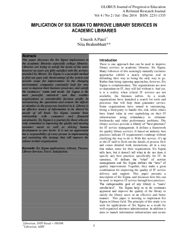 (PDF) IMPLICATION OF SIX SIGMA TO IMPROVE LIBRARY SERVICES IN ACADEMIC ...