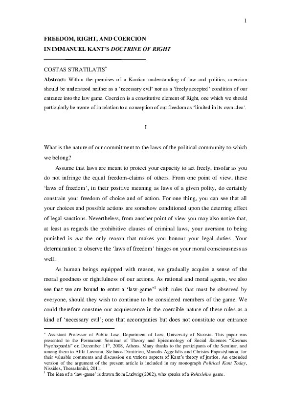 (PDF) Freedom, Right, and Coercion in Kant's Doctrine of Right