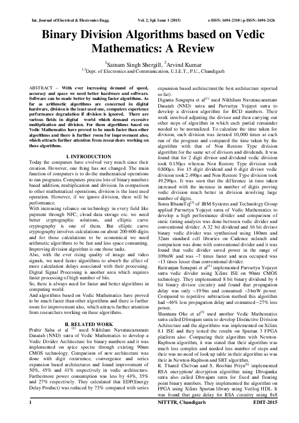 (PDF) Binary Division Algorithms based on Vedic Mathematics: A Review ...