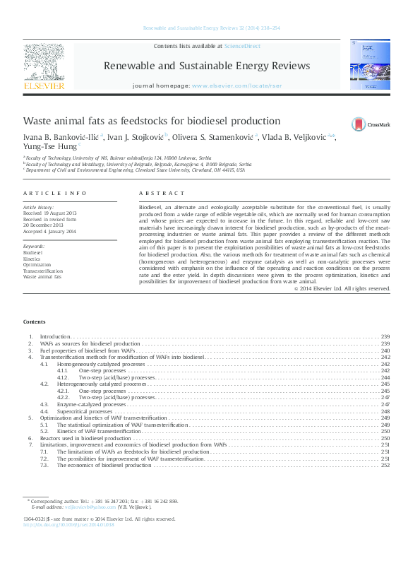 (PDF) Waste animal fats as feedstocks for biodiesel production