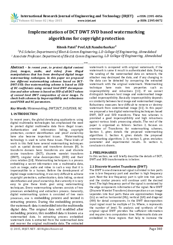 Pdf Irjet Implementation Of Dct Dwt Svd Based Watermarking Algorithms