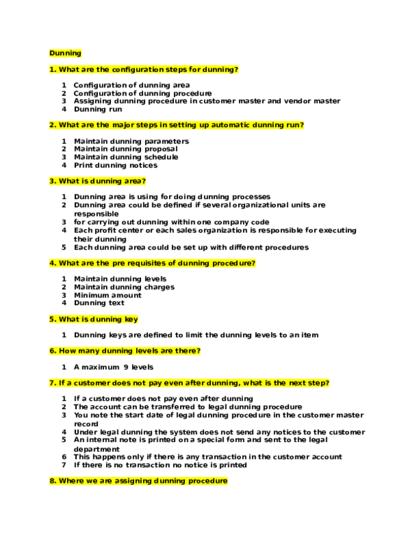 (DOC) Dunning 1. What are the configuration steps for dunning