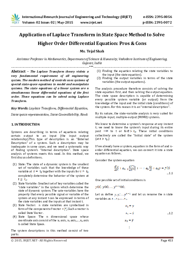 (PDF) IRJET-Application of Laplace Transform in State Space Method to Solve Higher Order ...
