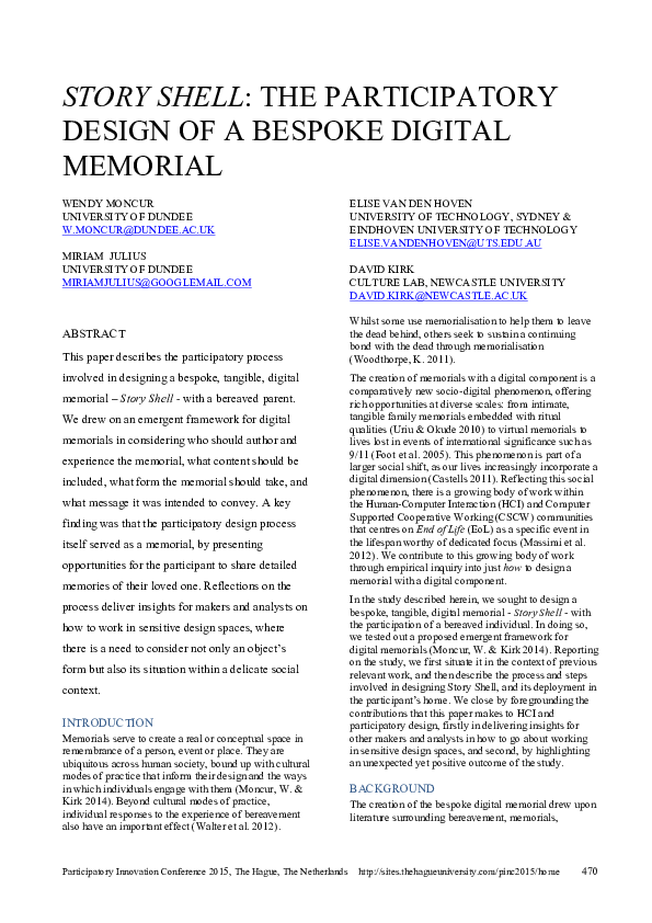 (PDF) Story Shell: The Participatory Design Of A Bespoke Digital Memorial
