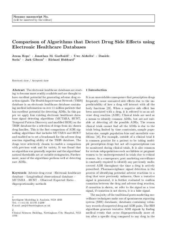 Pdf Comparison Of Algorithms That Detect Drug Side Effects Using