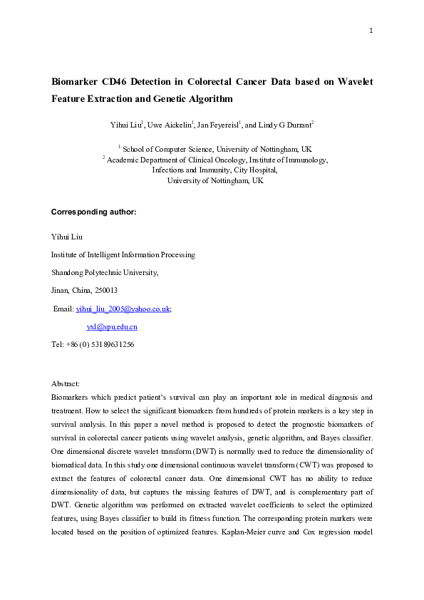 Pdf Wavelet Feature Extraction And Genetic Algorithm For Biomarker