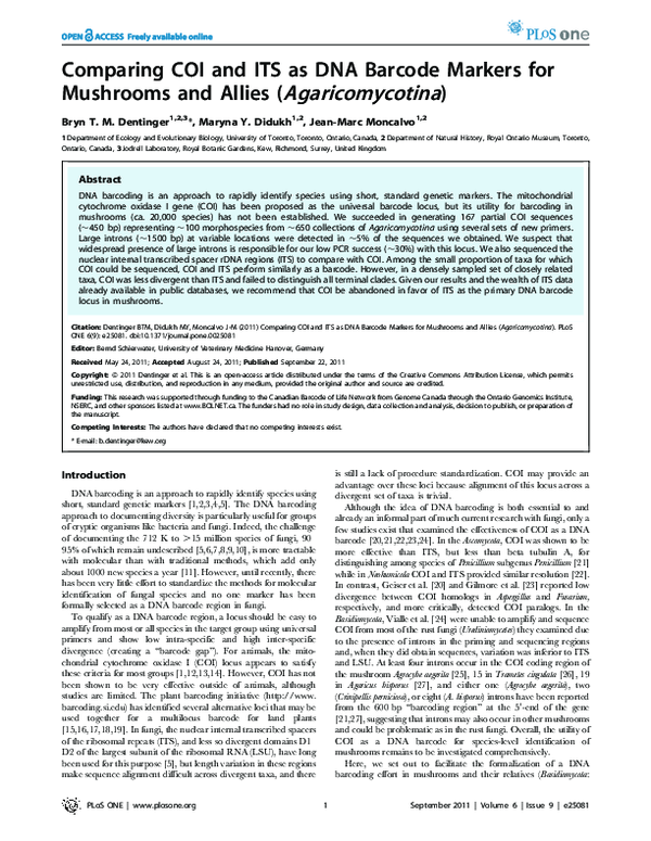 (PDF) Comparing COI and ITS as DNA Barcode Markers for Mushrooms and ...