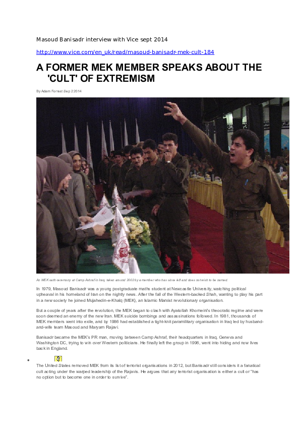 (DOC) A FORMER MEK MEMBER SPEAKS ABOUT THE 'CULT' OF EXTREMISM