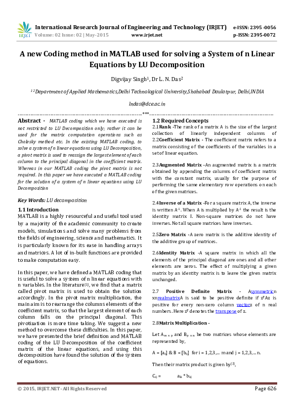 (PDF) IRJET-A new Coding method in MATLAB used for solving a System of ...
