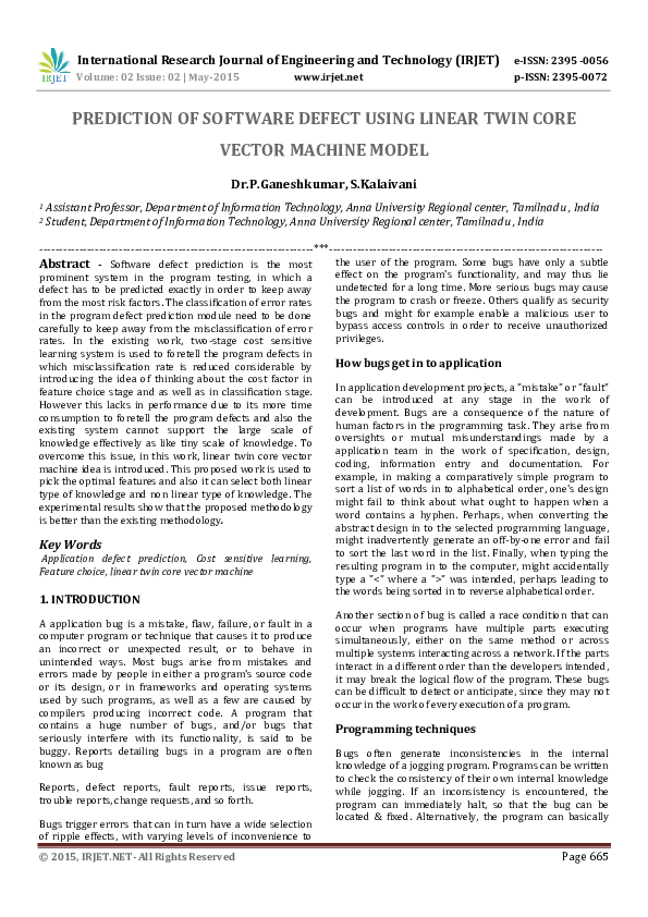 Pdf Irjet Prediction Of Software Defect Using Linear Twin Core Vector