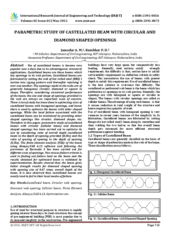 (PDF) IRJET-PARAMETRIC STUDY OF CASTELLATED BEAM WITH CIRCULAR AND DIAMOND SHAPED OPENINGS