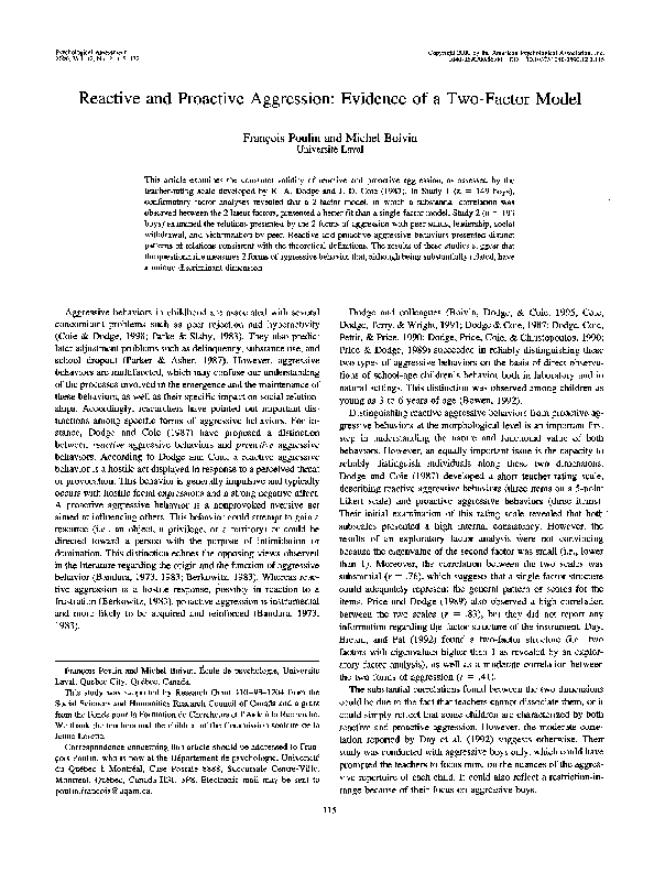 Pdf Reactive And Proactive Aggression Evidence Of A Two Factor Model