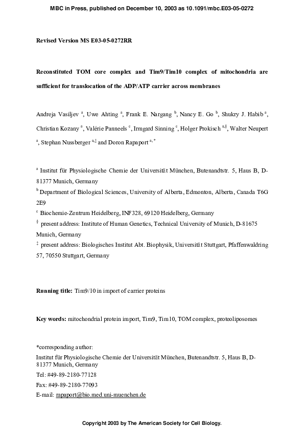 (PDF) Reconstituted TOM Core Complex and Tim9/Tim10 Complex of ...