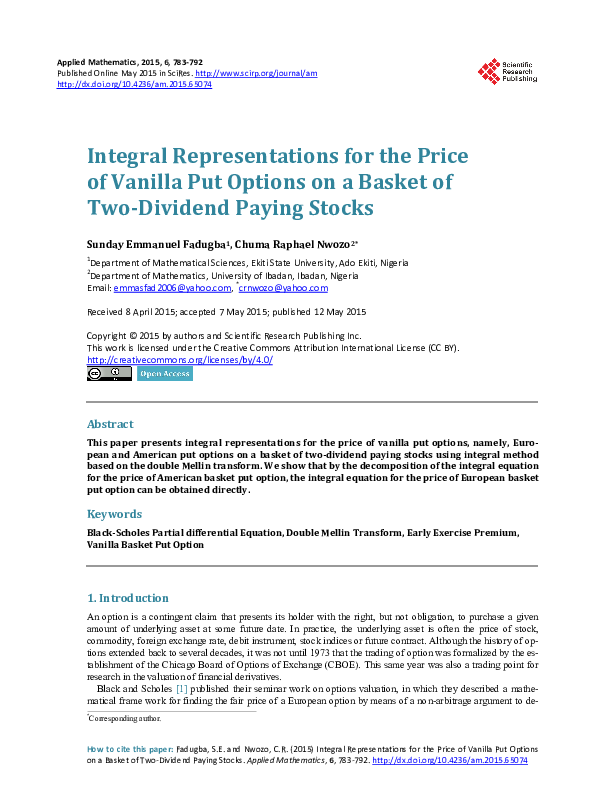 (PDF) Integral Representations for the Price of Vanilla Put Options on ...