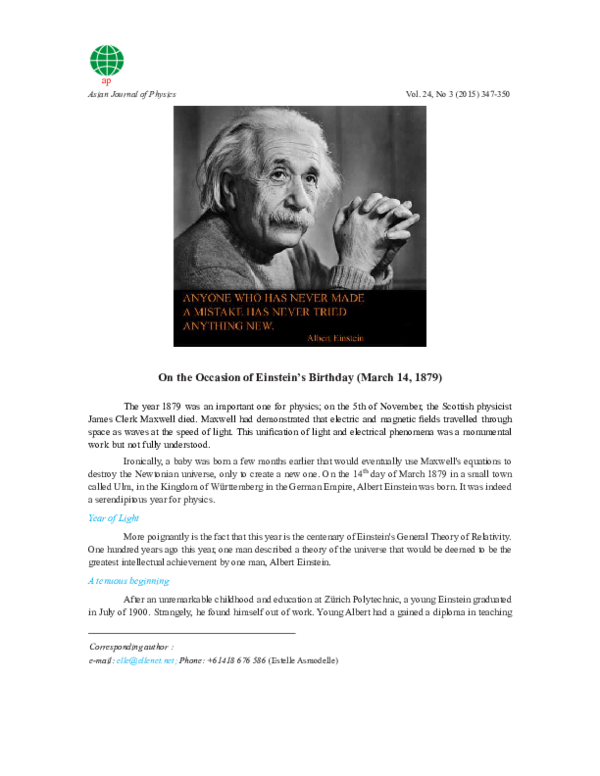 (PDF) Einstein Editorial for Asian Journal of Physics 2015