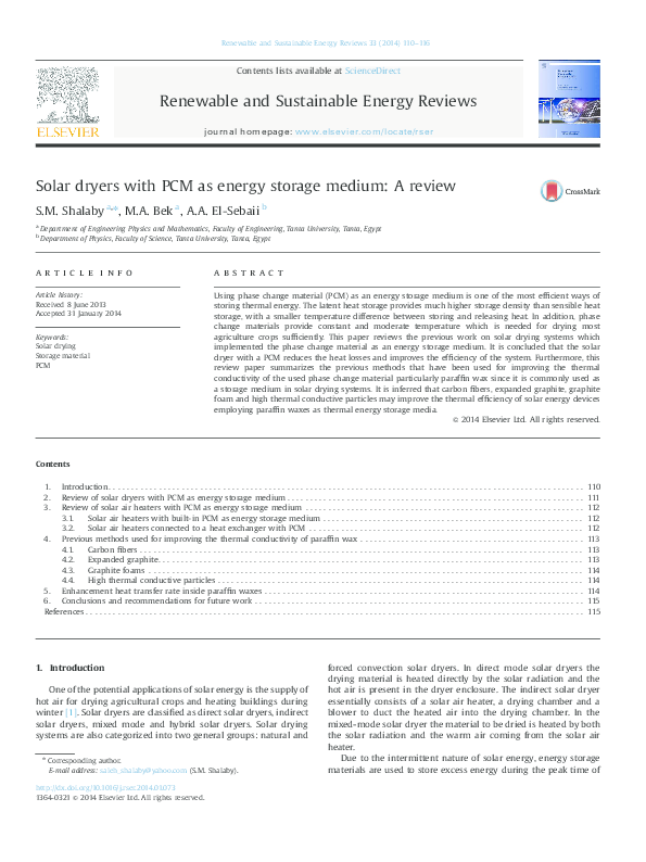 (PDF) Solar dryers with PCM as energy storage medium: A review