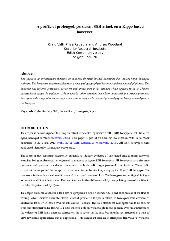Doc A Profile Of Prolonged Persistent Ssh Attack On A Kippo Based Honeynet Craig Valli And 