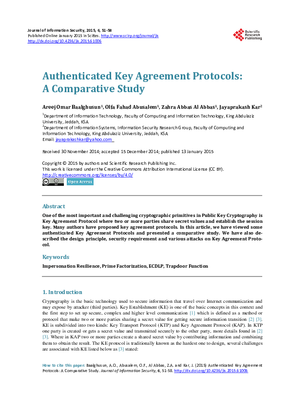 (PDF) Authenticated Key Agreement Protocols: A Comparative Study