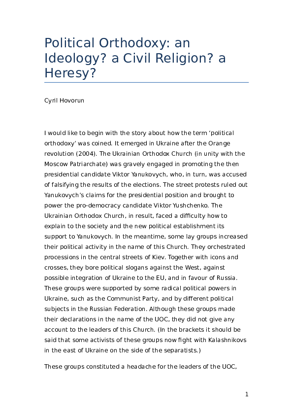 (DOC) Political Orthodoxy: an Ideology? a Civil Religion? a Heresy?