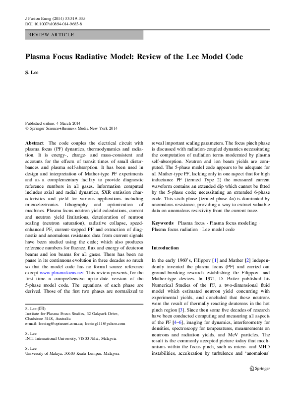 (PDF) Plasma Focus Radiative Model: Review of the Lee Model Code
