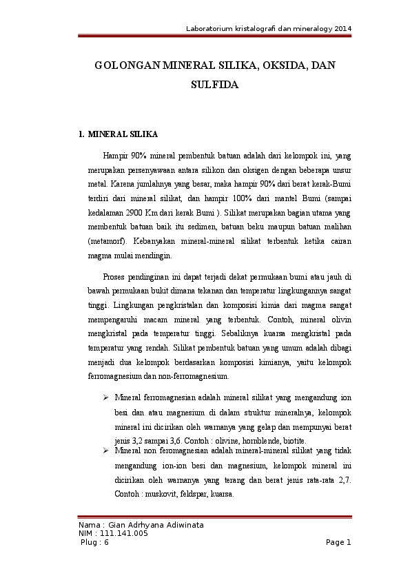 (DOC) Golongan mineral silika, oksida, sulfida