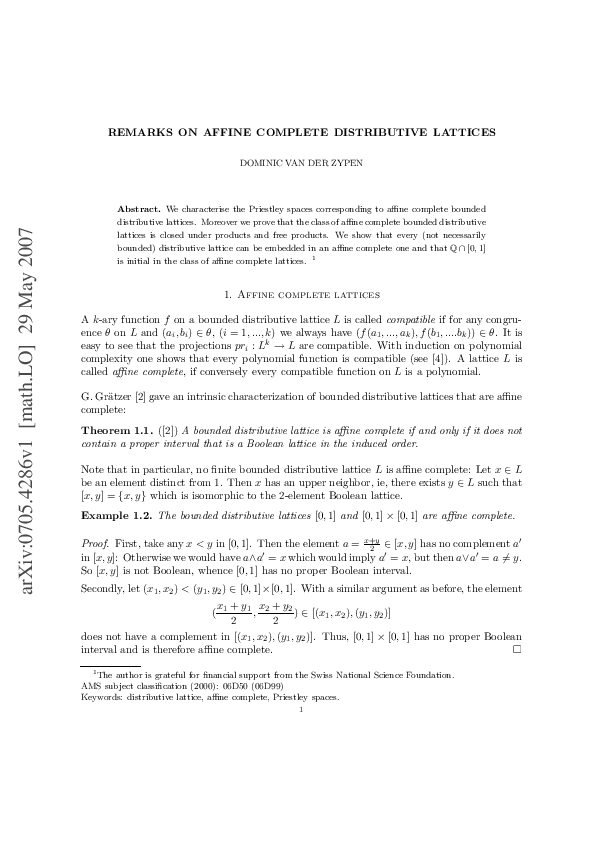 (PDF) Remarks on affine complete distributive lattices