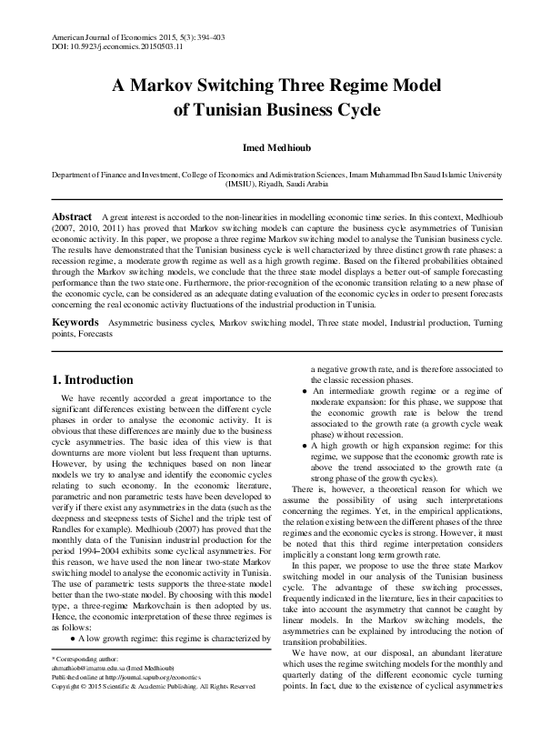 (PDF) A Markov Switching Three Regime Model of Tunisian Business Cycle
