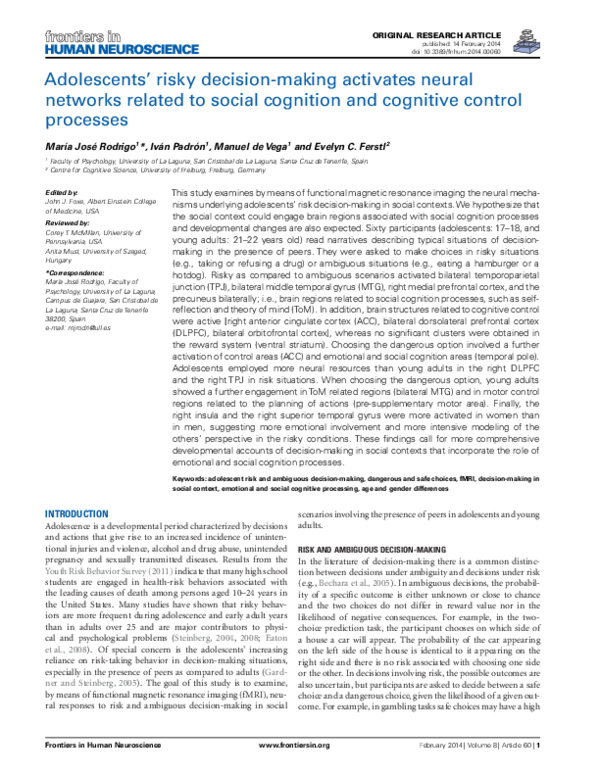 (PDF) Adolescents’ risky decision-making activates neural networks ...