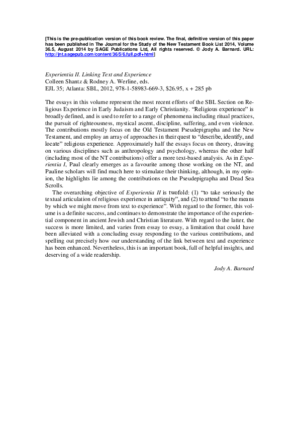 (PDF) Colleen Shantz and Rodney A. Werline (eds.), Experientia, Volume ...