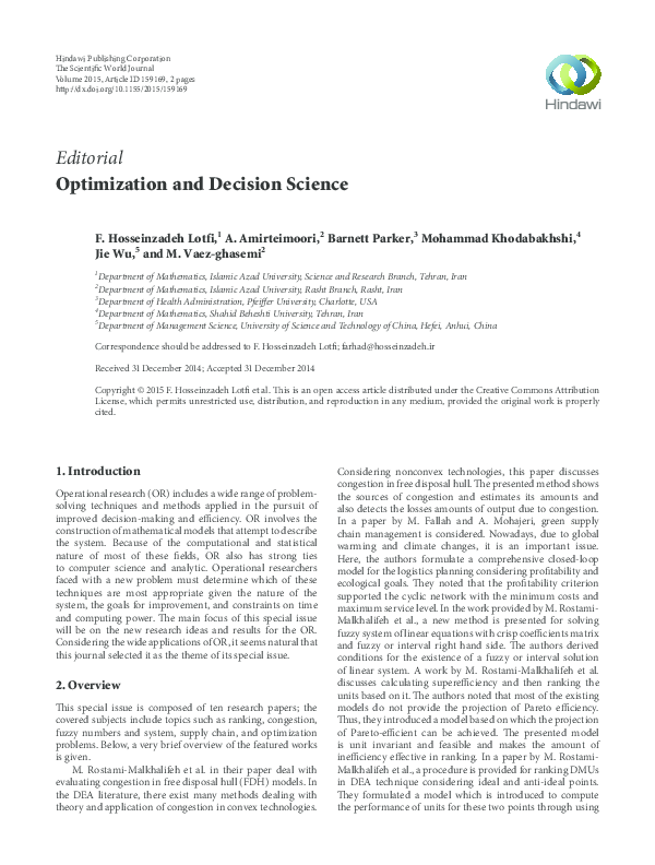 (PDF) Optimization and Decision Science