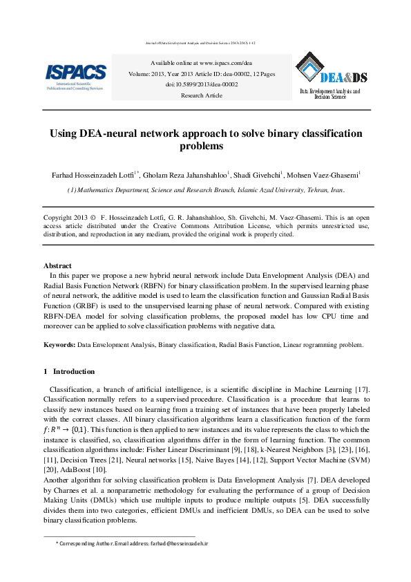 Pdf Using Dea Neural Network Approach To Solve Binary Classification Problems