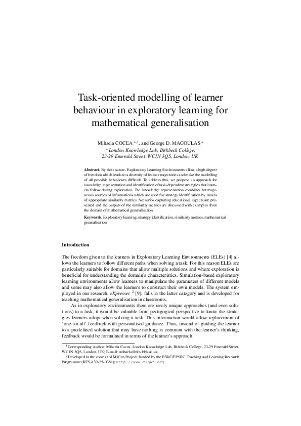 Pdf Task Oriented Modeling Of Learner Behaviour In Exploratory Learning For Mathematical