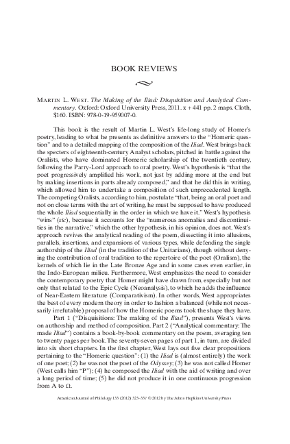 (PDF) M. L. West, The Making of the Iliad: Disquisition and Analytical ...