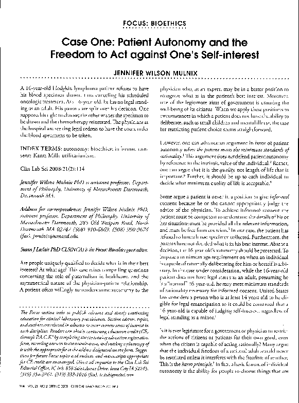 (PDF) Case One: Patient Autonomy and the Freedom to Act against One's ...