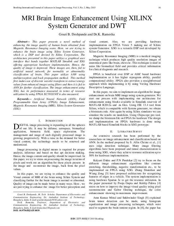 Pdf Mri Brain Image Enhancement Using Xilinx System Generator And Dwt