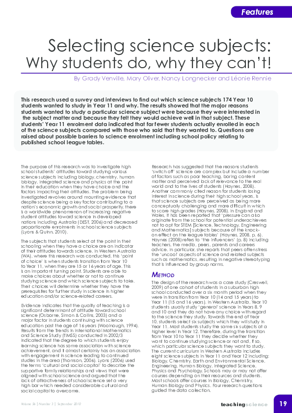 (PDF) Selecting science subjects: Why students do, why they can't!