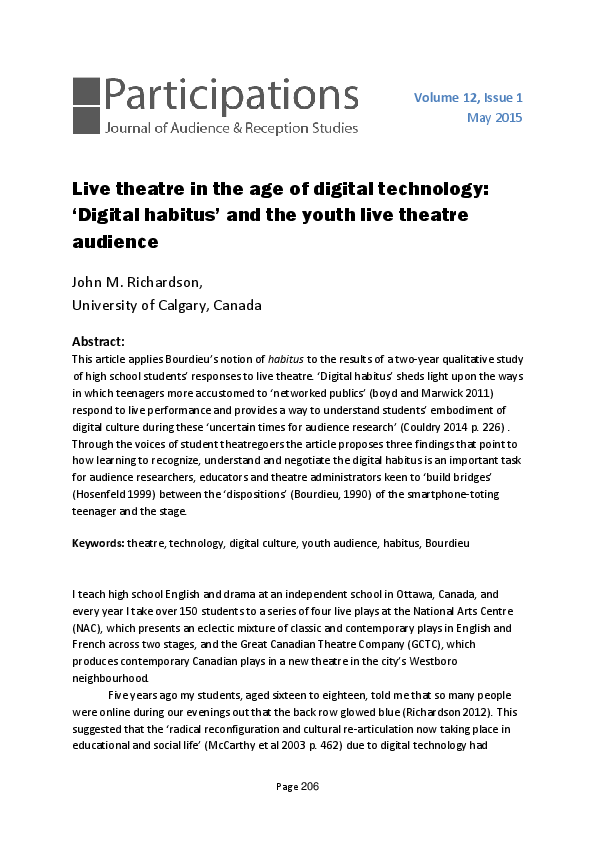 (PDF) Live theatre in the age of digital technology: ‘Digital habitus ...