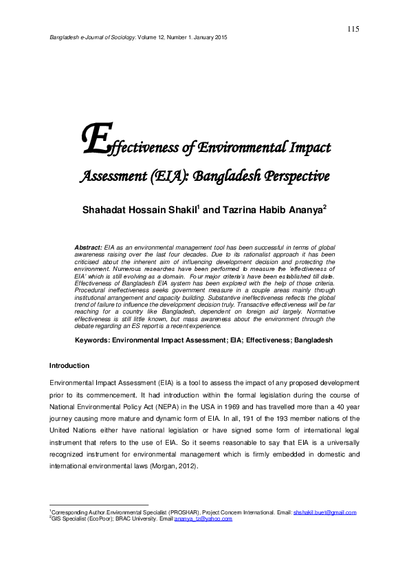 (PDF) Effectiveness of Environmental Impact Assessment (EIA): Bangladesh Perspective