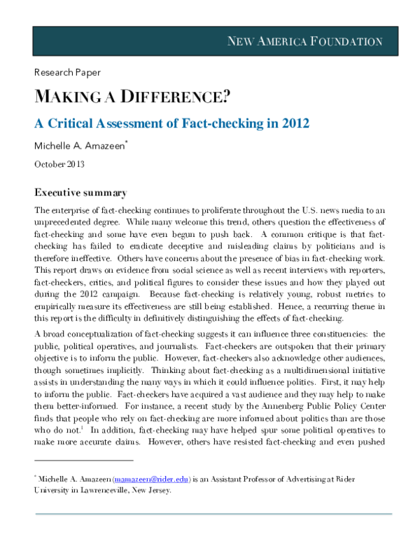 (PDF) Making a Difference? A Critical Assessment of Fact-Checking in 2012