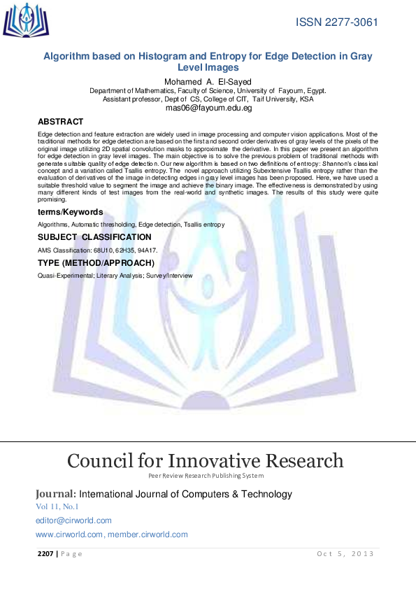 (PDF) Algorithm based on Histogram and Entropy for Edge Detection in Gray Level Images