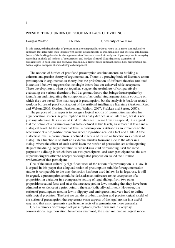 (PDF) Presumption, Burden of Proof and Lack of Evidence