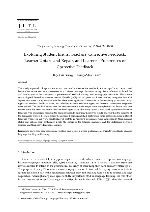 (PDF) Exploring Student Errors, Teachers' Corrective Feedback (CF ...