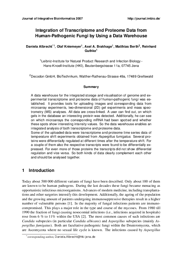 (PDF) Integration of Transcriptome and Proteome Data from Human-Pathogenic Fungi by Using a Data ...