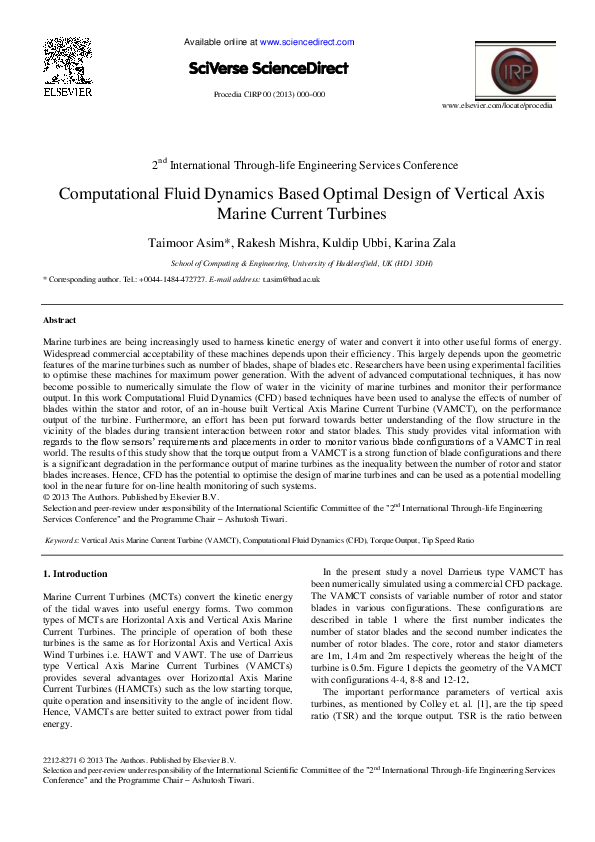 (PDF) Computational Fluid Dynamics Based Optimal Design of Vertical Axis Marine Current Turbines