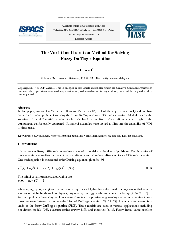 Pdf The Variational Iteration Method For Solving Fuzzy Duffings Equation 3105
